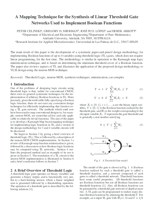 Pdf A Mapping Technique For The Synthesis Of Linear Threshold Gate Networks Used To Implement