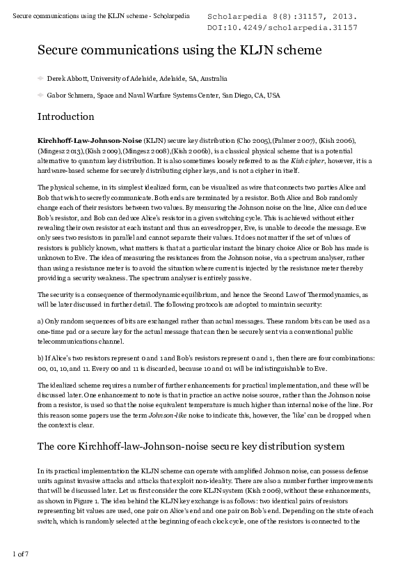 (PDF) Secure communications using the KLJN scheme