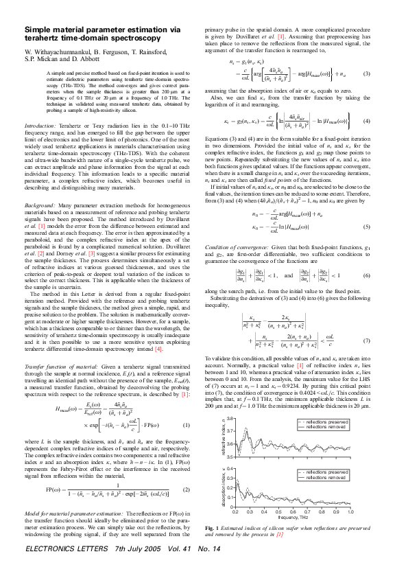 Pdf Simple Material Parameter Estimation Via Terahertz Time Domain Spectroscopy