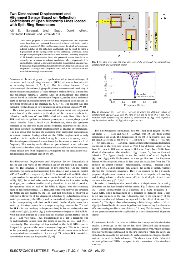 Pdf Two Dimensional Displacement And Alignment Sensor Based On Reflection Coefficients Of Open