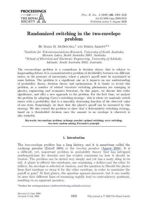 (PDF) Randomized switching in the two-envelope problem