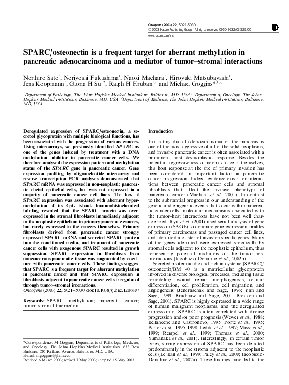 (PDF) SPARC/osteonectin is a frequent target for aberrant methylation ...