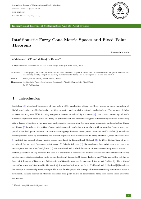 (PDF) Intuitionistic Fuzzy Cone Metric Spaces and Fixed Point Theorems