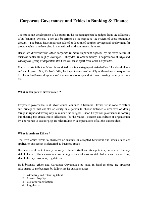 (DOC) Corporate Governance and Ethics in Banking & Finance