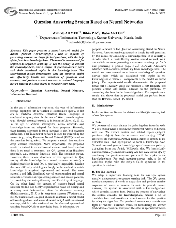 (PDF) Question Answering System Based on Neural Networks