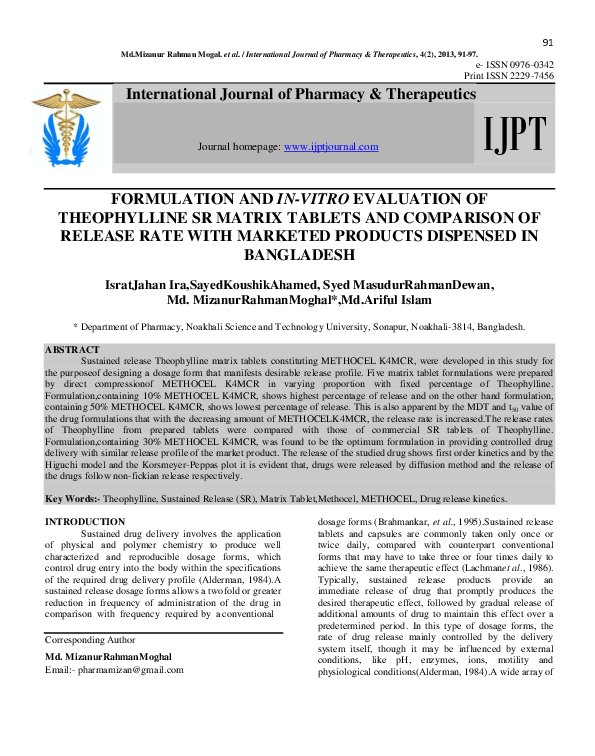 (PDF) Formulation and In-Vitro Evaluation of Theophylline SR Matrix ...