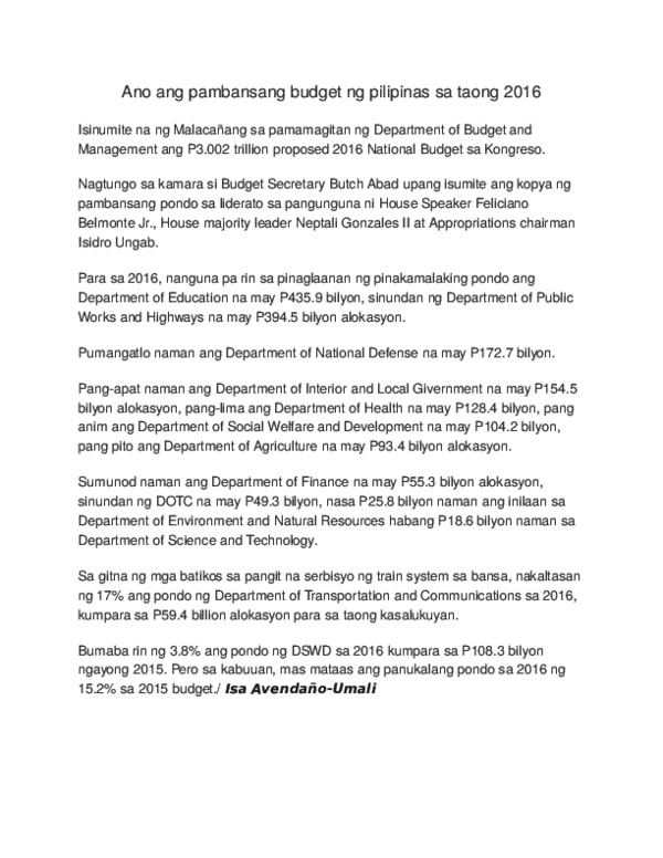 (DOC) Ano ang pambansang budget ng pilipinas sa taong 2016