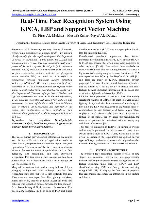 (PDF) Real-Time Face Recognition System Using KPCA, LBP and Support Vector Machine