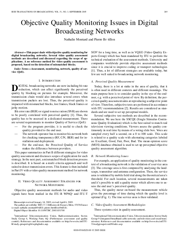 (PDF) Objective Quality Monitoring Issues in Digital Broadcasting Networks