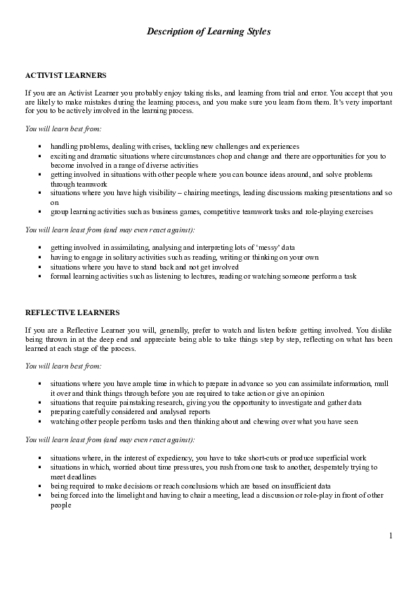 (DOC) Description of Learning Styles Handout