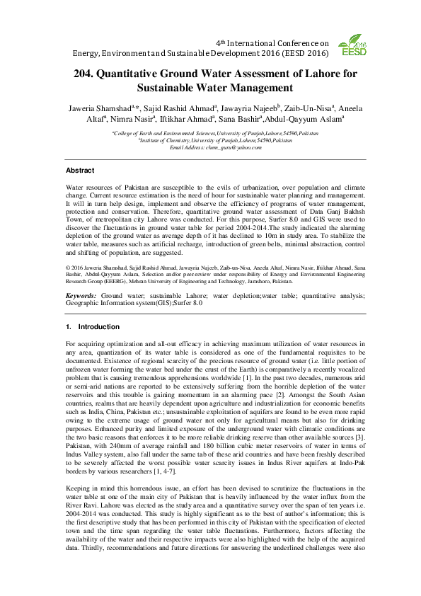 (PDF) 204. Quantitative Ground Water Assessment of Lahore for ...