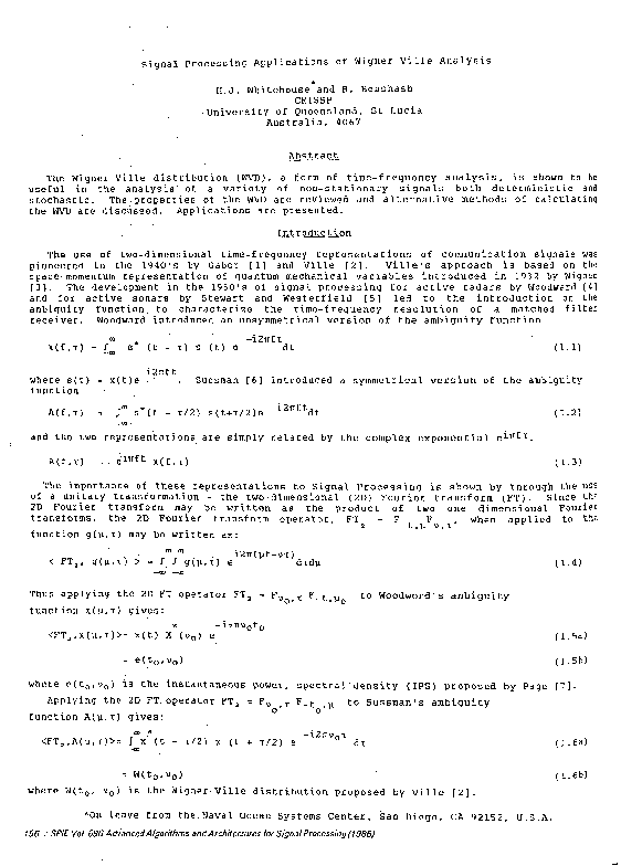 Pdf Signal Processing Applications Of Wigner Ville Analysis Boualem