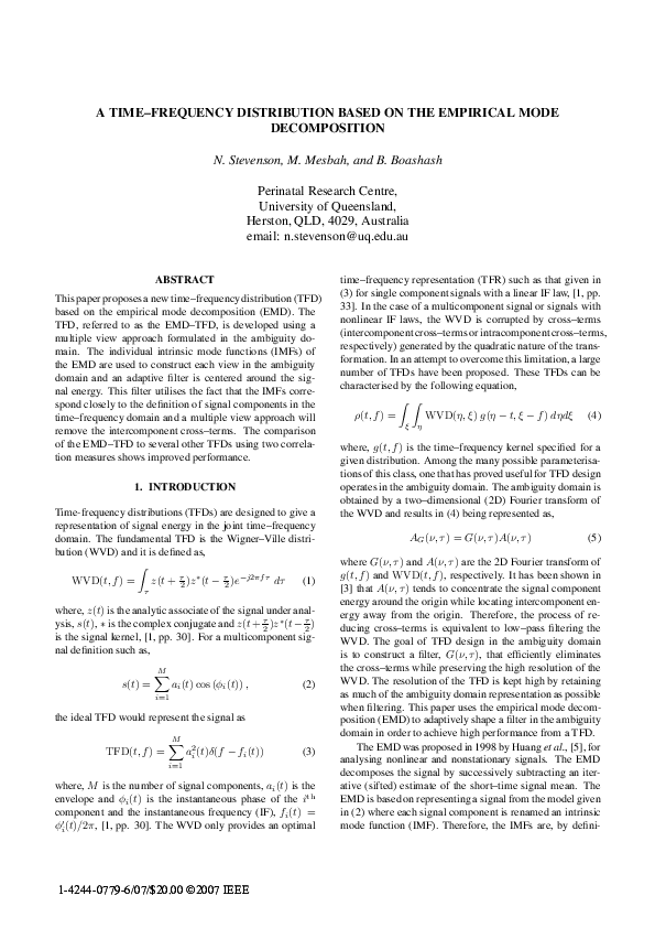 (PDF) A TIME–FREQUENCY DISTRIBUTION BASED ON THE EMPIRICAL MODE DECOMPOSITION
