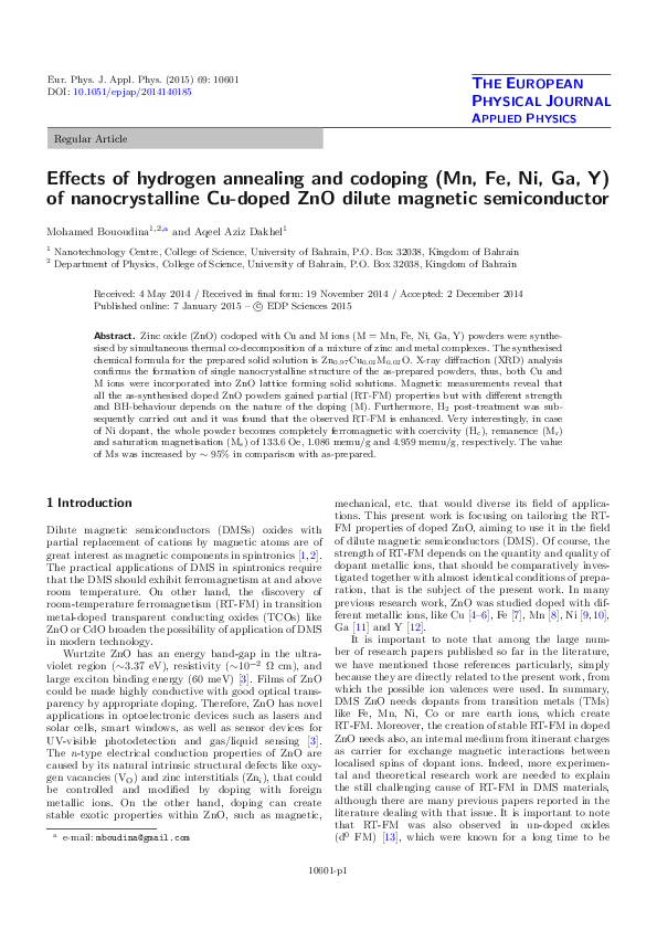 (PDF) Effects of hydrogen annealing and codoping (Mn, Fe, Ni, Ga, Y) of nanocrystalline Cu-doped ...