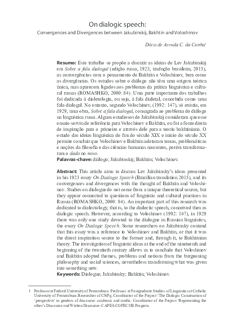 Pdf On Dialogic Speechconvergences And Divergences Between Jakubinskij Bakhtin And Voloshinov