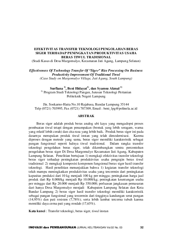 (PDF) Efektivitas Transfer Teknologi Beras Siger bagi Peningkatan ...