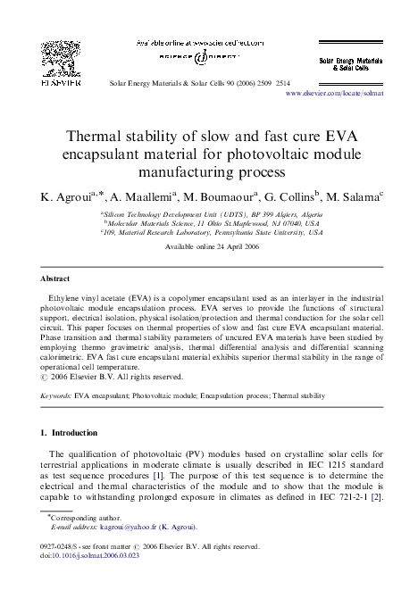 (PDF) Thermal stability of slow and fast cure EVA encapsulant material ...