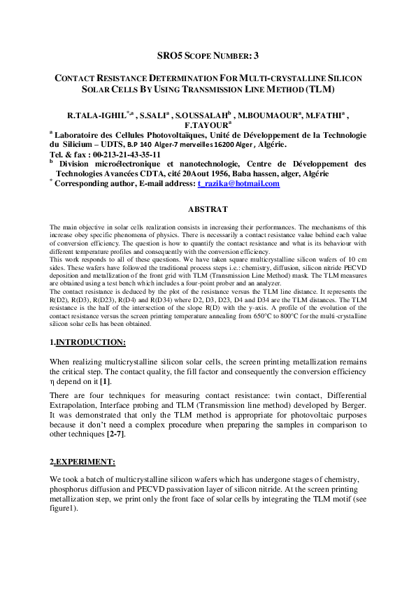 (PDF) Contact Resistance Determination For Multi-crystalline Silicon ...