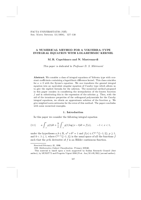 Pdf A Numerical Method For A Volterra Type Integral Equation With Logarithmic Kernel