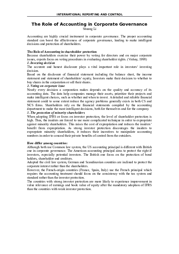 (DOC) The Role of Accounting in Corporate Governance