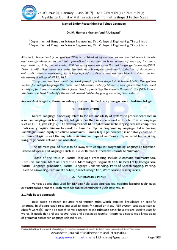 Pdf Named Entity Recognition For Telugu Language