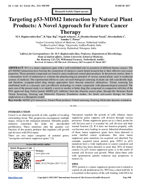 (PDF) Targeting p53-MDM2 Interaction by Natural Plant Products: A Novel Approach for Future ...