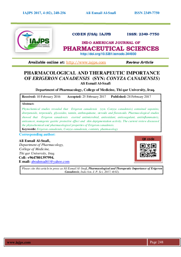 (PDF) PHARMACOLOGICAL AND THERAPEUTIC IMPORTANCE OF ERIGERON CANADENSIS ...