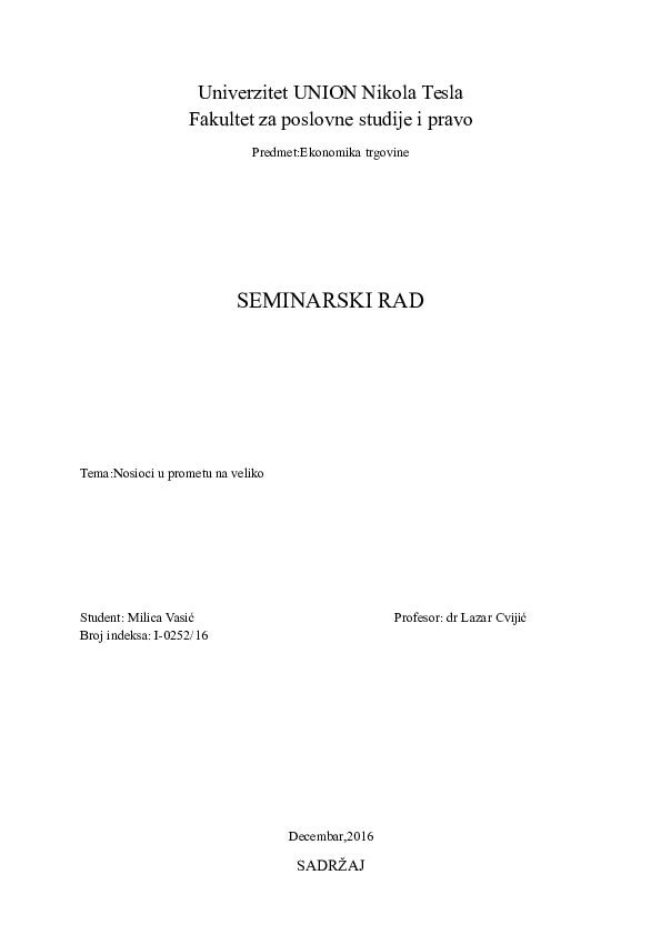 (DOC) Univerzitet UNION Nikola Tesla Fakultet za poslovne studije i pravo