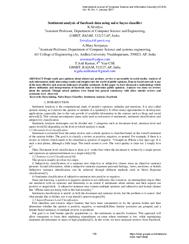 Pdf Sentiment Analysis Of Facebook Data Using Naïve Bayes Classifier
