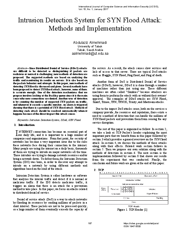 (PDF) Intrusion Detection System for SYN Flood Attack: Methods and Implementation