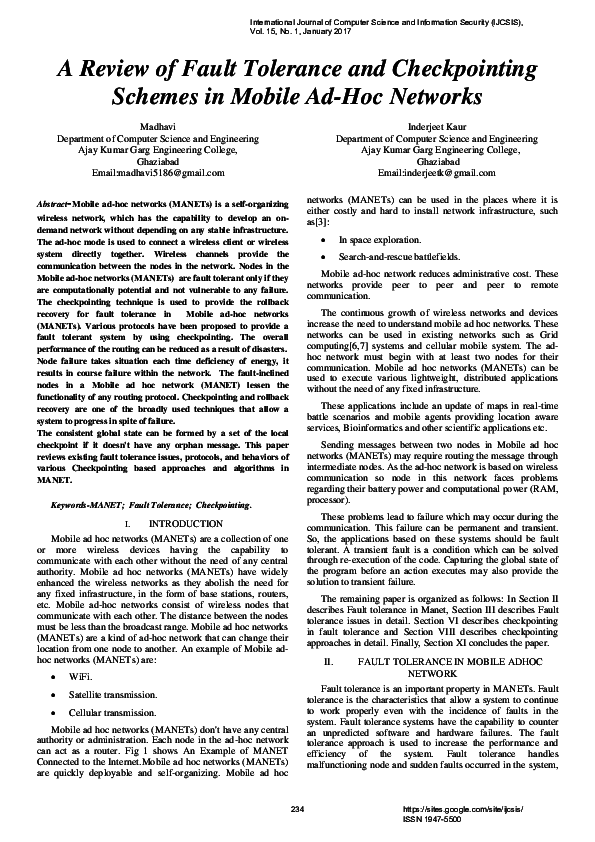 (PDF) A Review of Fault Tolerance and Checkpointing Schemes in Mobile Ad-Hoc Networks | Journal ...