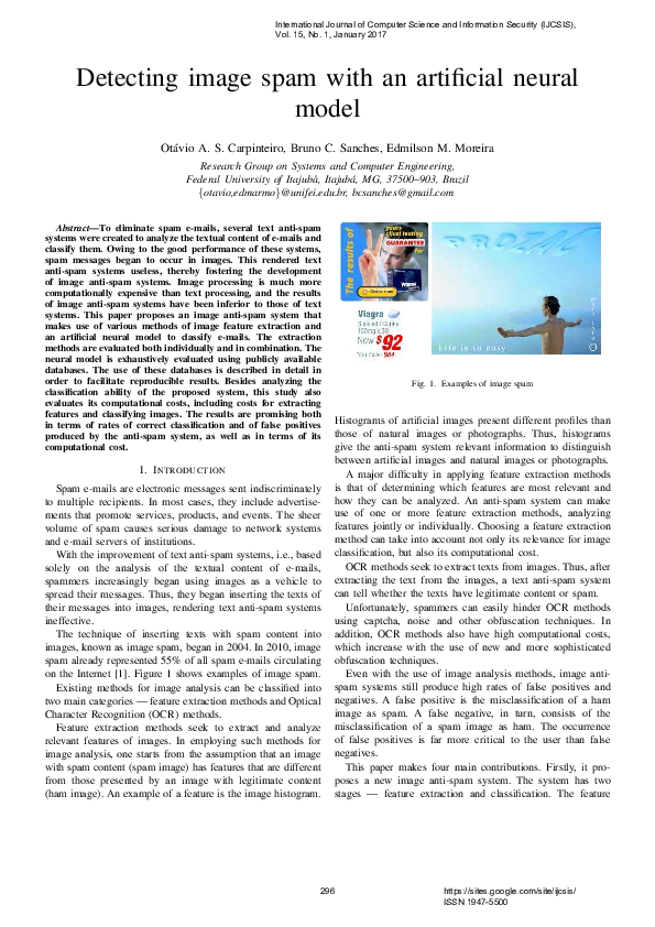 Pdf Detecting Image Spam With An Artificial Neural Model Journal Of Computer Science Ijcsis
