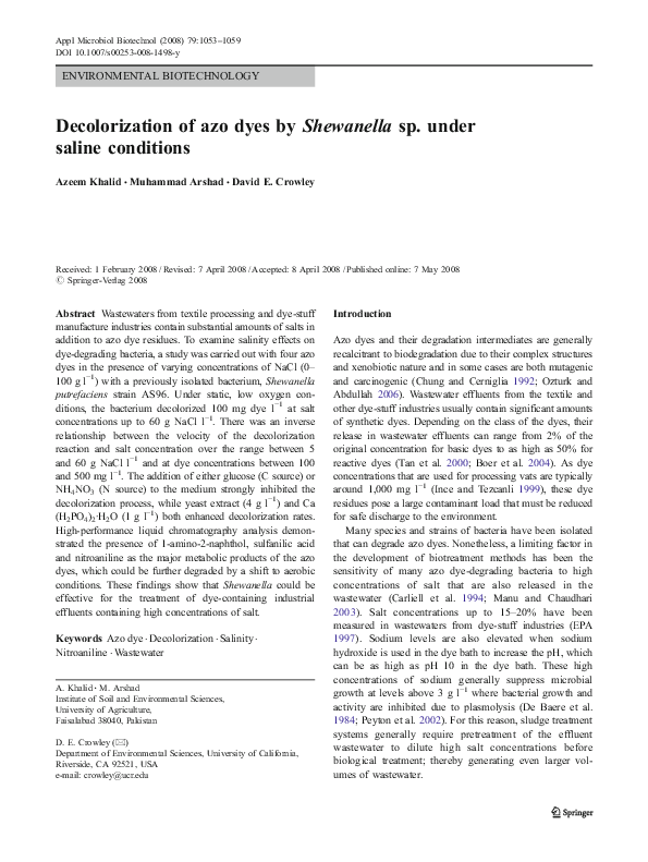 (PDF) Decolorization of azo dyes by Shewanella sp. under saline conditions