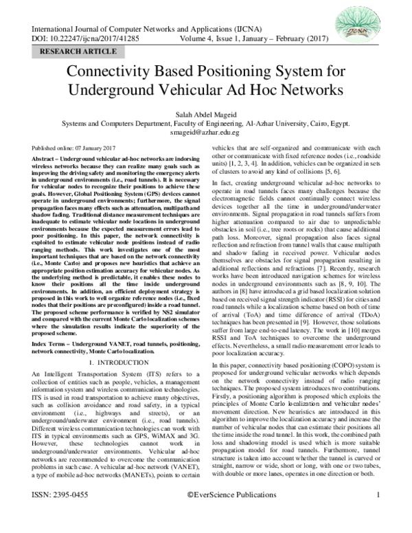 (PDF) Connectivity Based Positioning System for Underground Vehicular Ad Hoc Networks