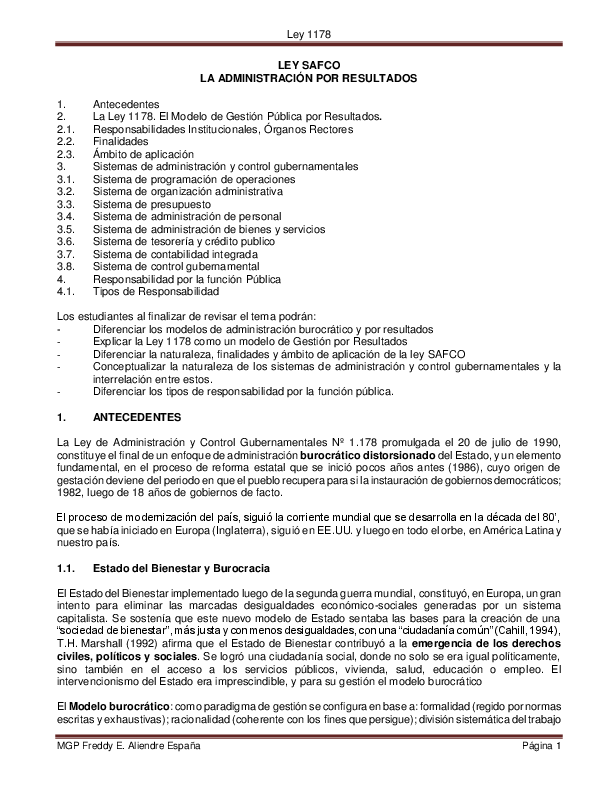 (PDF) Ley 1178 LEY SAFCO LA ADMINISTRACIÓN POR RESULTADOS