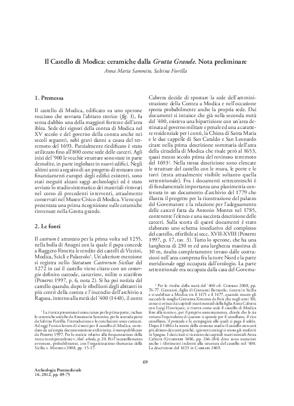 (PDF) Il Castello di Modica. Ceramica dalla "Grutta Grande". Nota ...