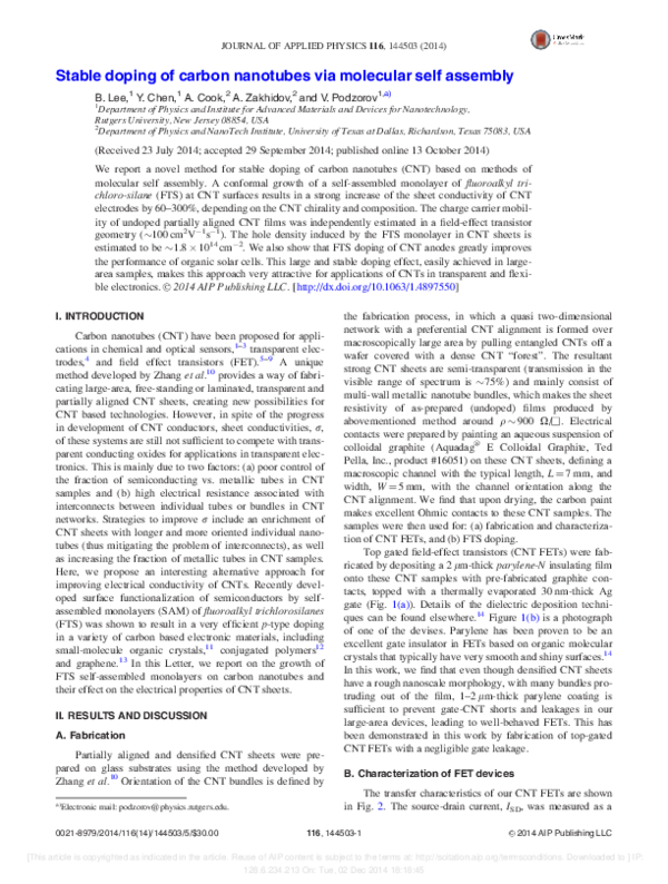 (PDF) Self Assembled Dipole Monolayers on CNTs: Effect on Transport and ...