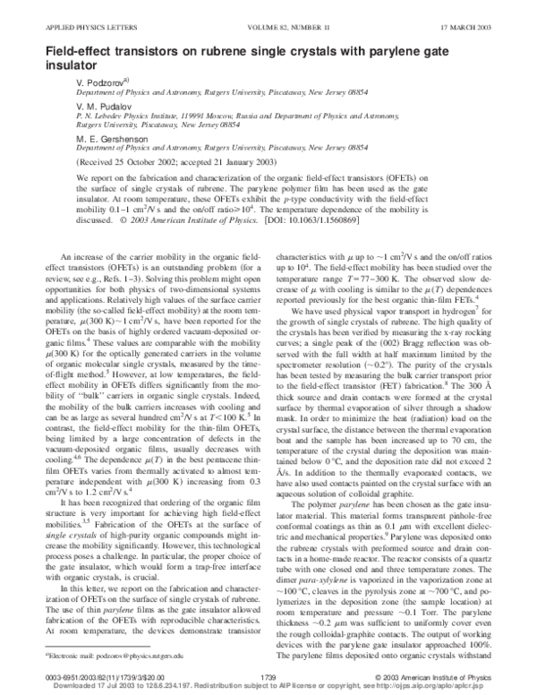 (PDF) Field-effect transistors on rubrene single crystals with parylene ...