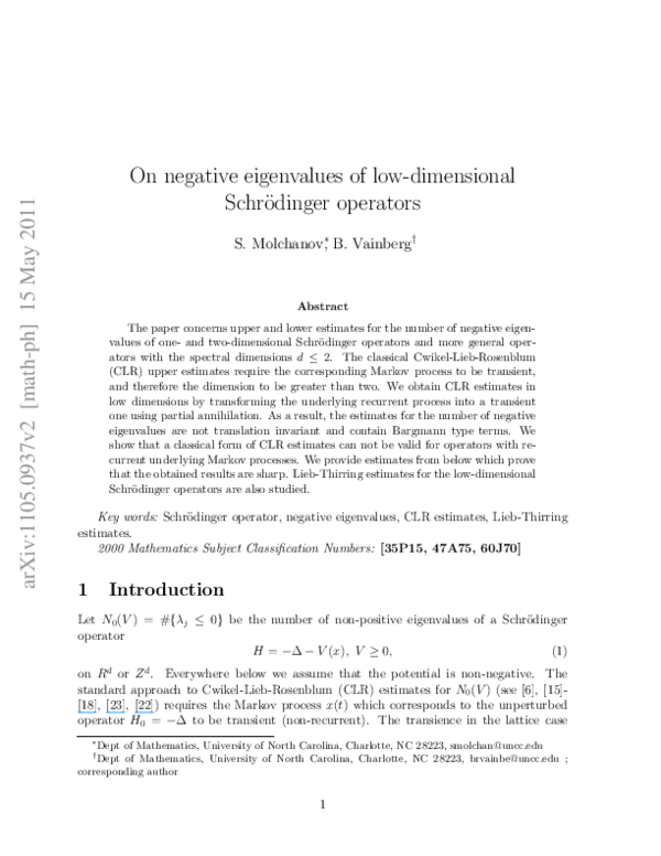(PDF) On negative eigenvalues of low-dimensional Schr\"{o}dinger operators | B. Vainberg ...