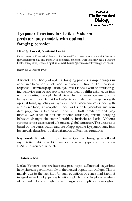 (PDF) Lyapunov functions for Lotka+Volterra predator+prey models with optimal foraging behavior