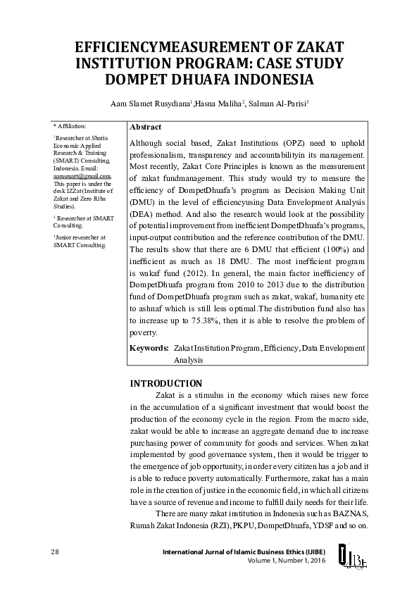 (PDF) EFFICIENCY MEASUREMENT OF ZAKAT INSTITUTION PROGRAM: CASE STUDY DOMPET DHUAFA INDONESIA