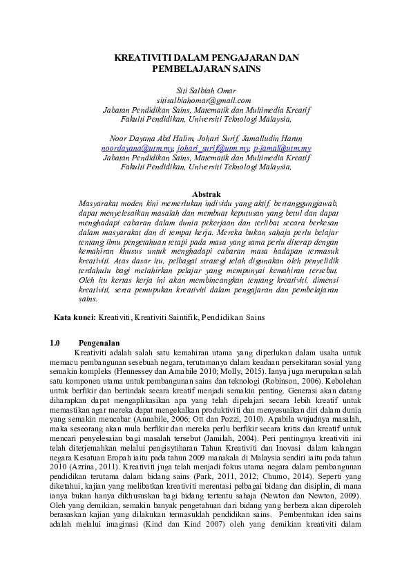 (PDF) KREATIVITI DALAM PENGAJARAN DAN PEMBELAJARAN SAINS (PDF) KREATIVITI DALAM PENGAJARAN DAN PEMBELAJARAN SAINS