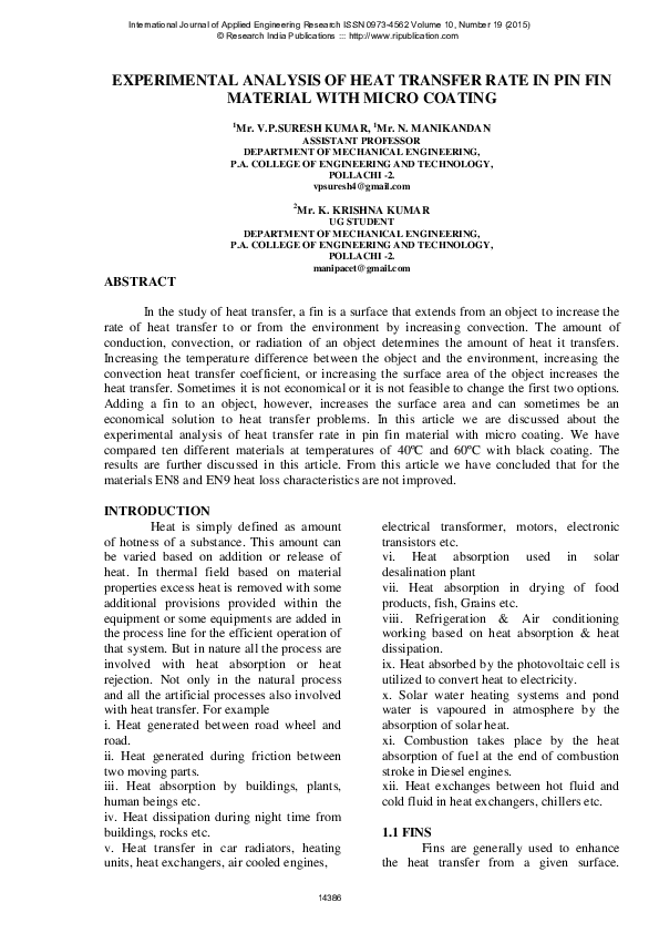 (PDF) EXPERIMENTAL ANALYSIS OF HEAT TRANSFER RATE IN PIN FIN MATERIAL ...