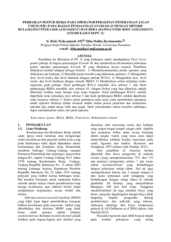 (PDF) PERBAIKAN POSTUR KERJA PADA OPERATOR PERAKITAN PENERANGAN JALAN ...