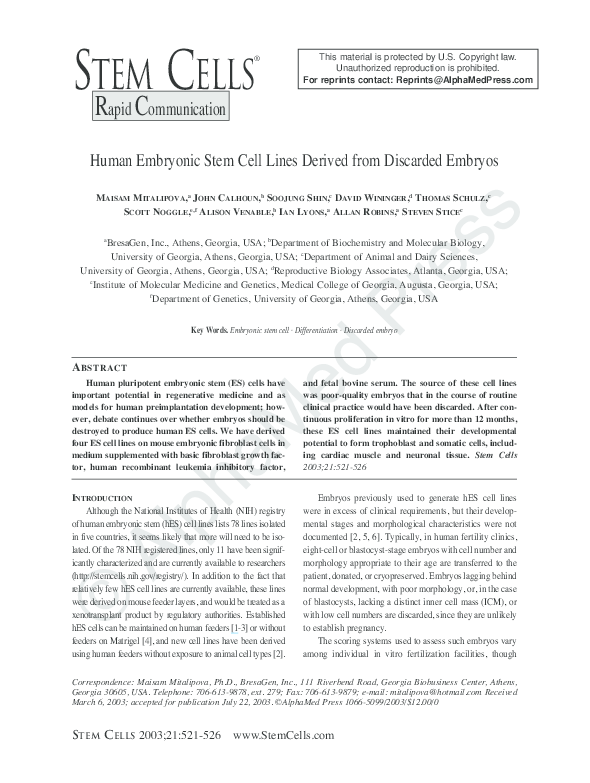 (PDF) Human Embryonic Stem Cell Lines Derived from Discarded Embryos