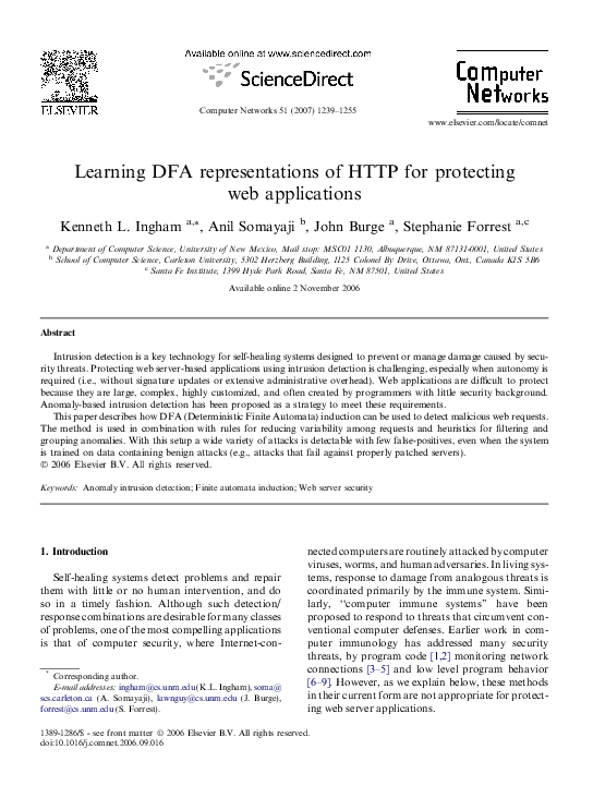 (PDF) Learning DFA representations of HTTP for protecting web applications
