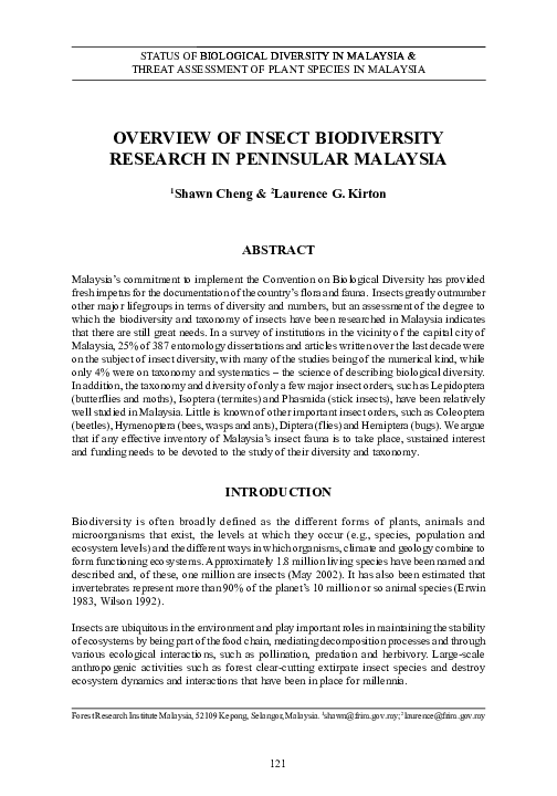 (PDF) Overview of insect biodiversity research in Peninsular Malaysia