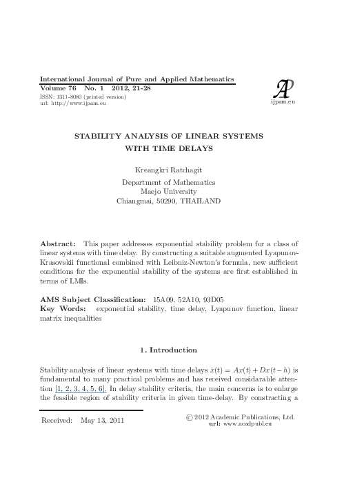(PDF) Stability Analysis of Linear Systems with Time Delays
