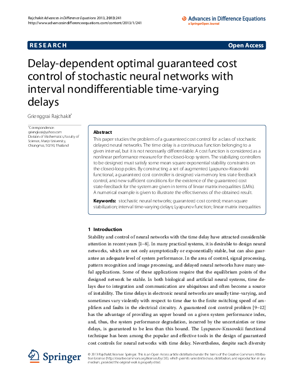 (PDF) Delay-dependent optimal guaranteed cost control of stochastic neural networks with ...