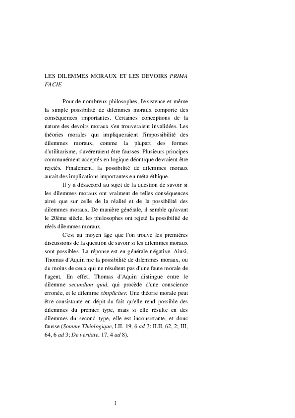 (DOC) LES DILEMMES MORAUX ET LES DEVOIRS PRIMA FACIE